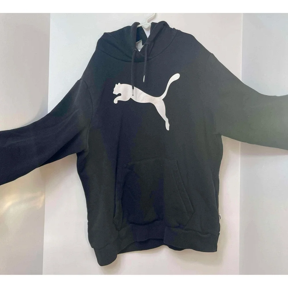 Puma | Shirts | Puma Essentials Black Hoodie White Jumping Cat Logo ...